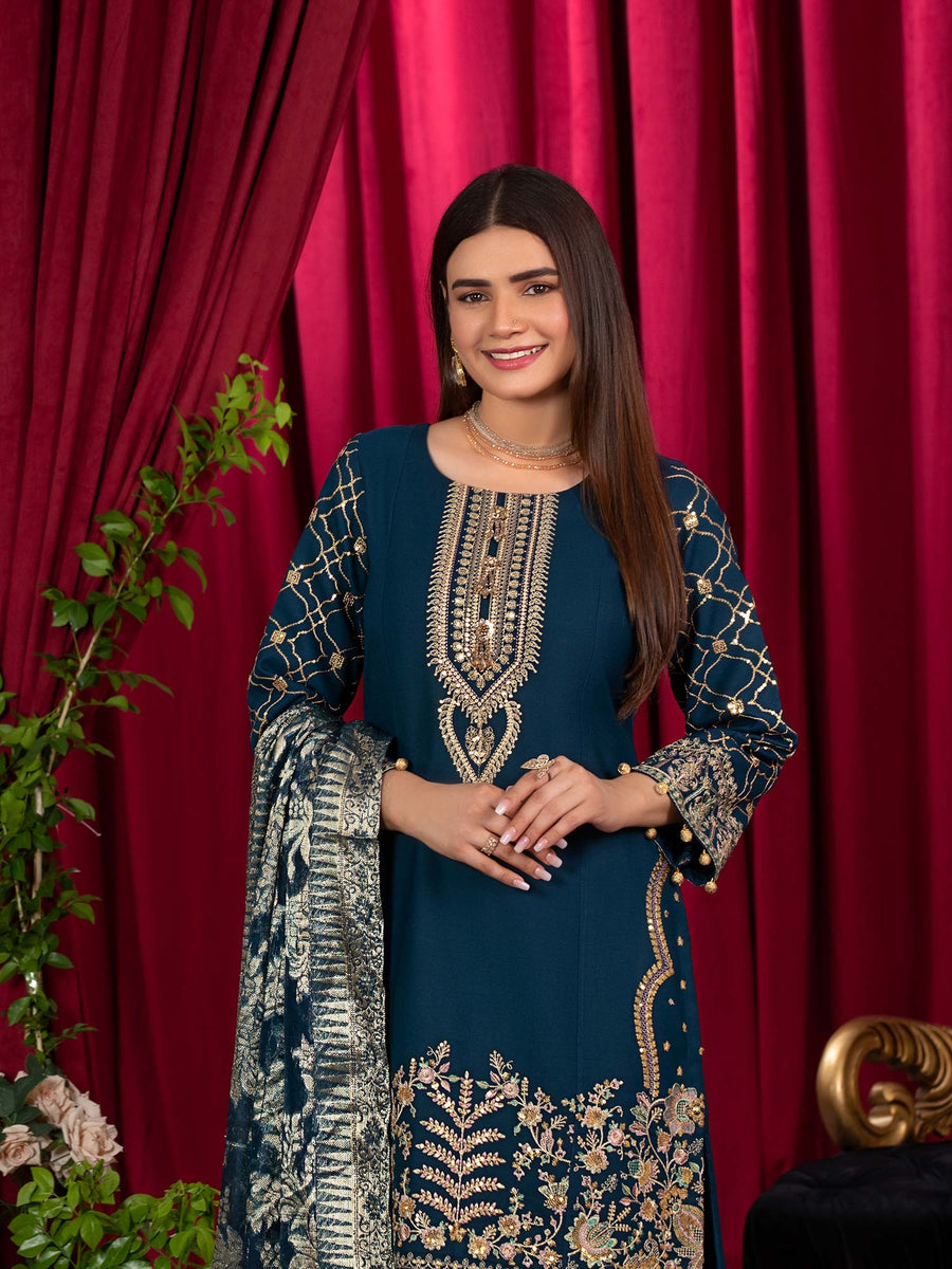 Heera's Zinc Embroidered Linen Suit with Jacquard Shawl – MOMINA - Designer Outfit Collection