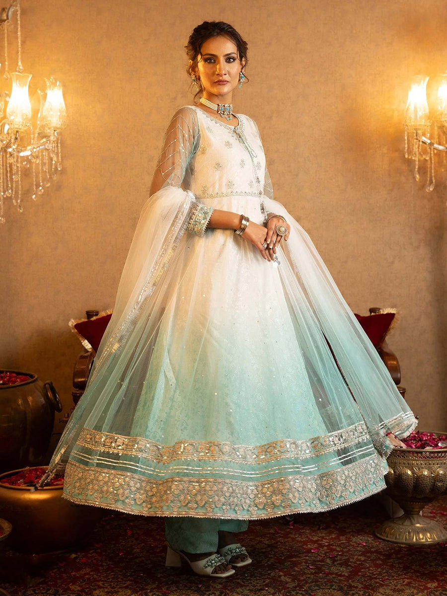 Sha Posh Embroidered Net Maxi Suit - Aqua – MOMINA - Designer Outfit ...