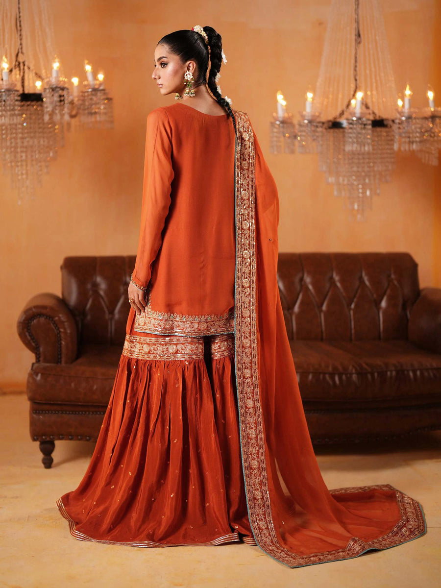 Zarqun Luxury Chiffon Suit with Gharara - Rust (2440B) – MOMINA ...