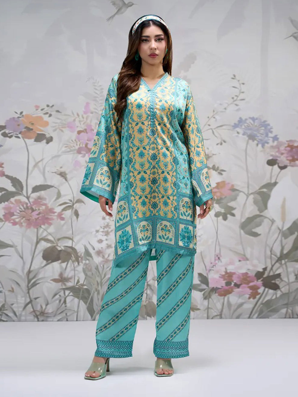 Regalia Luxe Silk 2-Piece Suit - Aqua & Beige – MOMINA - Designer Outfit Collection